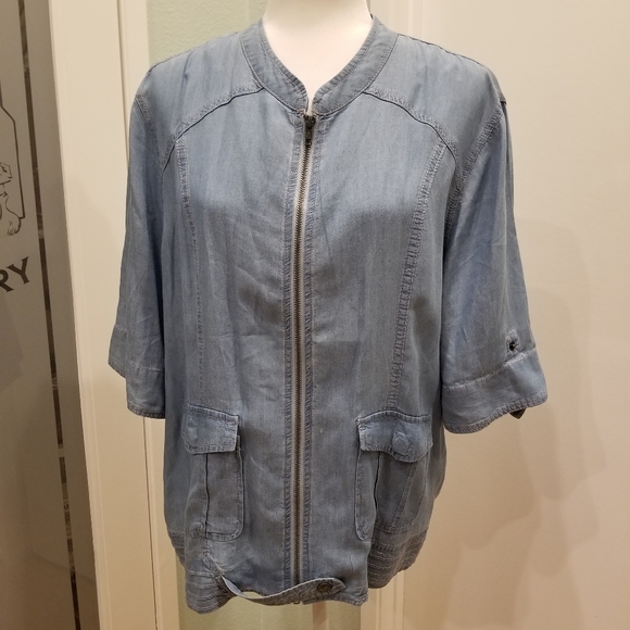 Tops | Short Sleeve Chambray Zip Front Light Cover Up | Poshmark